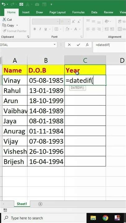 How To Calculate Age In Excel Datedif Formula In Ms Excel Shorts