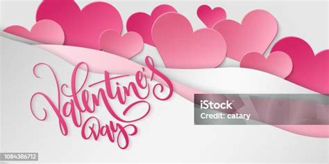 레터링 라벨해피 발렌타인 데이종이 접기 심장 모양으로 손으로 발렌타인의 날 인사말 카드 서식 파일의 벡터 그림 2월에 대한 스톡 벡터 아트 및 기타 이미지 Istock