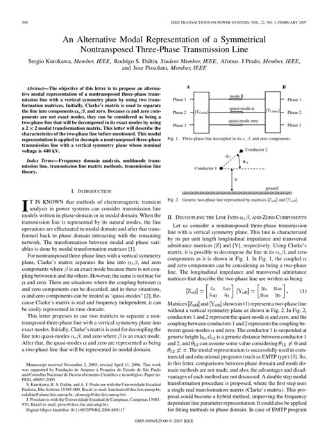 Pdf An Alternative Modal Representation Of A Symmetrical Nontransposed Three Phase