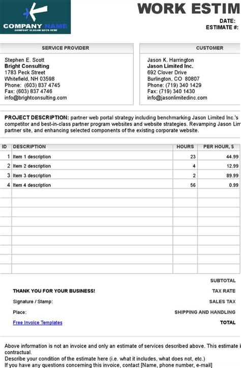 Download Work Estimate Template Calculates Total Excel With Fence