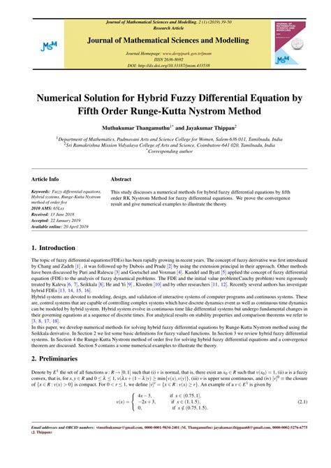 Pdf Numerical Solution For Hybrid Fuzzy Differential Equation By Fifth Order Runge Kutta