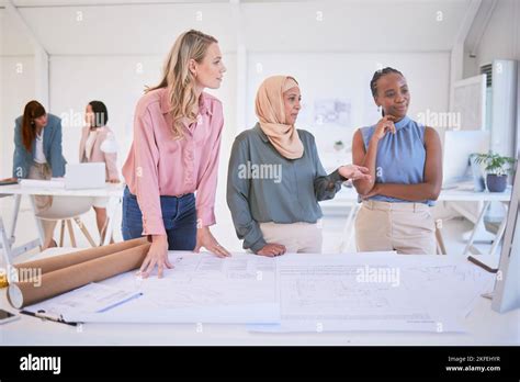 Architect Building Blueprint Or Diversity Women With Planning