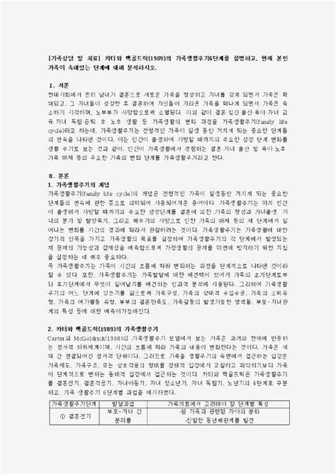 카터와 맥골드릭1989의 가족생활주기6단계를 설명하고 현재 본인 가족이 속해있는 단계에 대해 분석하시오