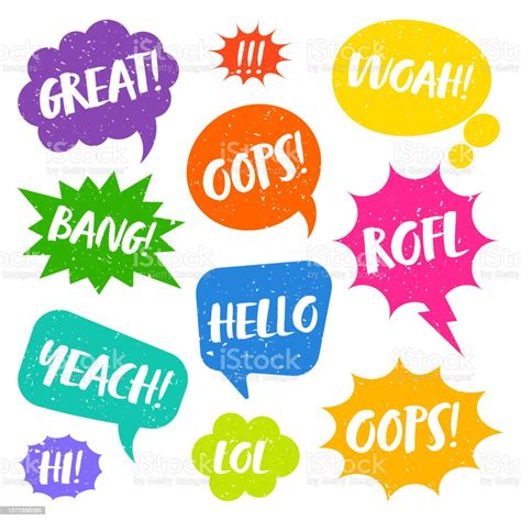 필기 텍스트와 다채로운 그런지 만화 연설 거품 손으로 그린 복고풍 만화 스티커 채팅 메시지 상자 벡터 일러스트레이션 물이 튀는에