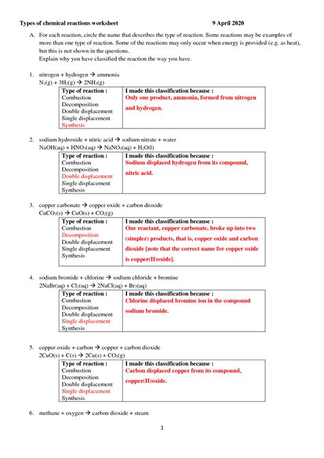 SOLUTION Types Of Chemical Reactions Worksheet ANSWERS Studypool
