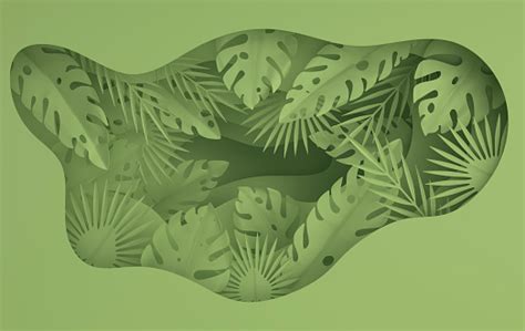 열 대 종이 야자수 나뭇잎 프레임입니다 여름 열 대 녹색 잎입니다 종이 접기 이국적인 하와이 정글 단풍 여름 배경 종이 절단 미니 멀 스타일 3d 렌더 0명에 대한 스톡