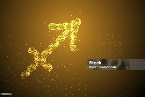 추상적인 기하학적 Bokeh 서클 도트 픽셀 패턴 궁수자리 조디악 기호 모양 별자리 개념 디자인의 골드 컬러 일러스트 레이 션의 갈색 그라데이션 배경 복사 공간 벡터 Eps