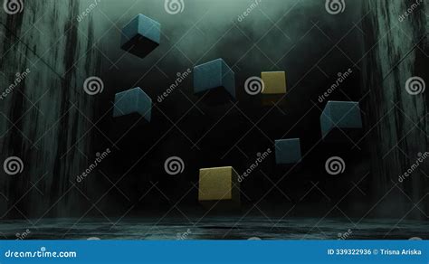 A Surreal Scene With Floating Cubes In A Misty Dark Environment Stock