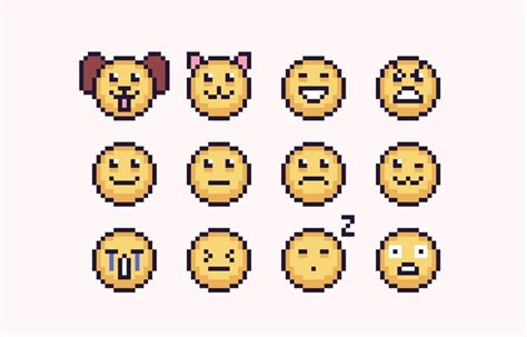 이모티콘 픽셀 아트 세트입니다 미소 얼굴 컬렉션입니다 표정 반응 8비트 스프라이트 프리미엄 벡터
