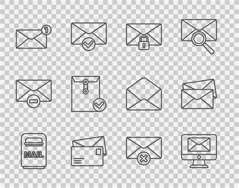 Set Line Mail Box Monitor And Envelope Message Lock Password Envelope Check Mark Delete And