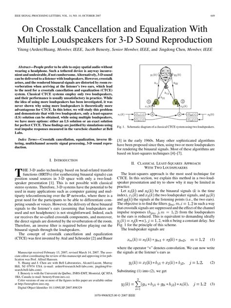 Pdf On Crosstalk Cancellation And Equalization With Multiple Loudspeakers For 3 D Sound