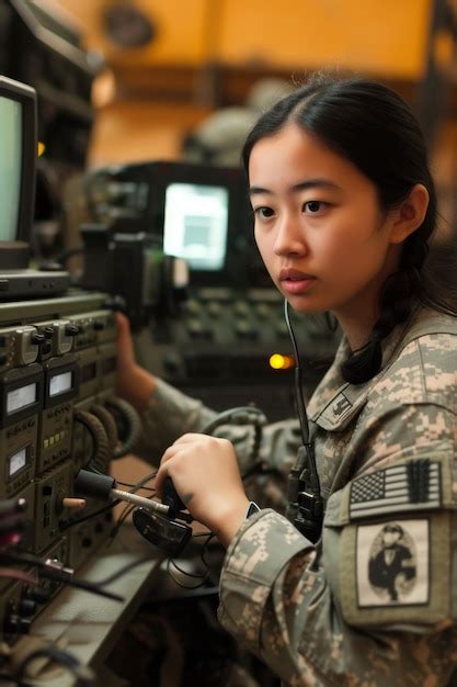 Premium Photo An Asian American Female Soldier In Army Fatigues Operating Advanced
