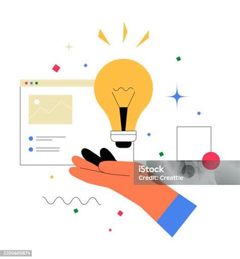 밝은 아이디어와 혁신을 나타내는 손 들고 전구 플랫 벡터 일러스트 레이 션에서 창의성과 개념 개발을 상징 흰색 배경에 고립 계획에 대한 스톡 벡터 아트 및 기타 이미지