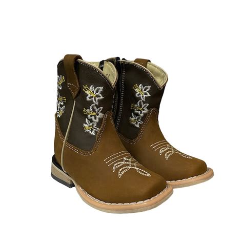 Bota Rodeo Vaquera Para Niñas Con Cierre 100 Piel Café Miel Flores D