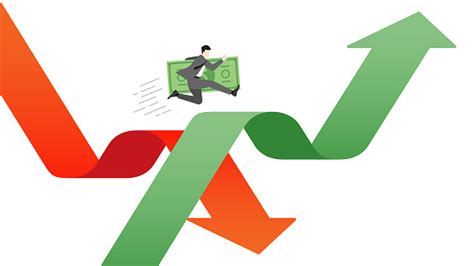 사업가가 지폐를 들고 평균 비용에 대한 하락한 빨간색 화살표 그래프에서 투자 증가를 나타내는 상승하는 녹색 화살표 그래프로 점프합니다 이익 전략 부 금융 성장 기회 개발에