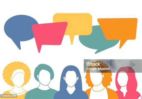 음성 거품을 가진 사람들 아바타 남자와 여자 의사 소통 이야기 투욕 동료 팀 생각 질문 아이디어 브레인 스톰 개념 5명에 대한