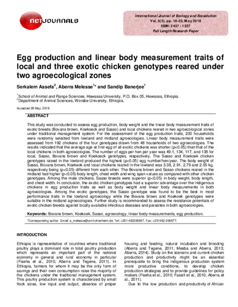 Pdf Egg Production And Linear Body Measurement Traits Of Local And Three Exotic Chicken