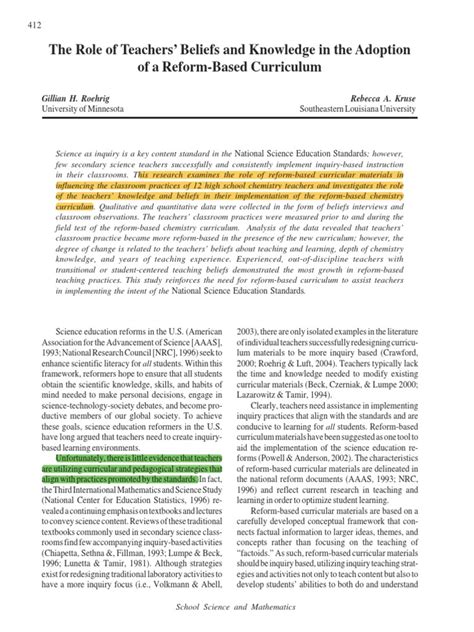 The Role Of Teachers Beliefs And Knowledge In The Adoption Of A Reform