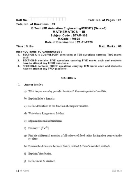 Btech Cse It 3 Sem Mathematics 3 70808 Jan 2023 Pdf Differential Equations Fourier Transform