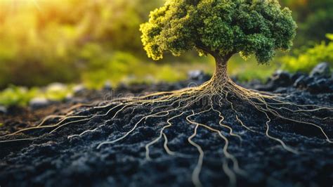 Tree With Roots Resembling Neural Network Representing Organic Intelligence In A Lush