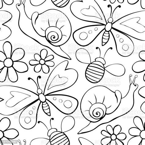 검은 윤곽 나비 꿀벌 달팽이와 꽃의 벡터 원활한 패턴 낙서 스타일 꽃 초원 자연 봄 여름 어린이 프린트를 테마로 한 귀여운 감촉 나비에 대한 스톡 벡터 아트 및 기타 이미지