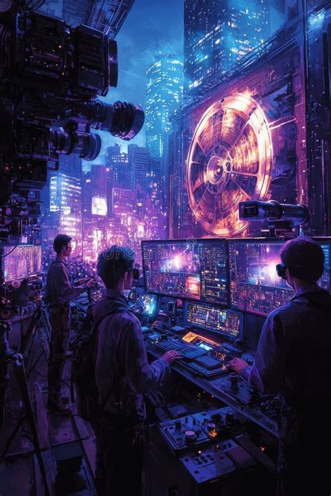 Vibrant Cyberpunk Computer Setup With Abstract Cityscape Artwork Stock