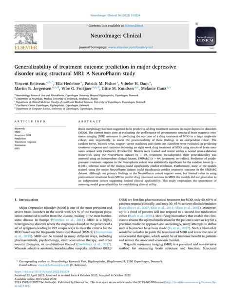 Pdf Generalizability Of Treatment Outcome Prediction In Major Depressive Disorder Using