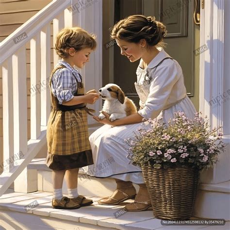 Ai创作图小狗与女孩 小女孩喂小白兔 西方小孩儿童 生活中的母爱 欧洲家庭生活场景 童话一般的童年 乔治时代 主人的童年 童装与童年 帮妈妈喂