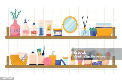 욕실 화장품 선반 본체 피부 헤어 케어 액세서리 미용 제품 크림 귀여운 항아리 샴푸와 샤워 젤 병 아늑한 인테리어 요소 벡터 절연 일러스트 화장실 건축물에 대한 스톡 벡터
