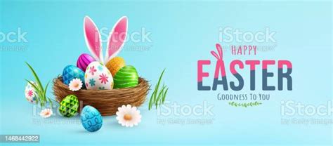부활절 포스터와 둥지에 부활절 달걀과 토끼 귀가 있는 배너 템플릿 부활절 기념일을 위한 인사와 선물은 플랫 레이 스타일링입니다 부활절을위한 프로모션 및 쇼핑 템플릿 부활제에