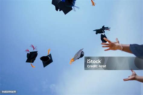 졸업식 대학 고등학교 졸업생들이 푸른 하늘에 모자를 던지는 모습 검은색에 대한 스톡 사진 및 기타 이미지 검은색 교육 느린 동작 Istock
