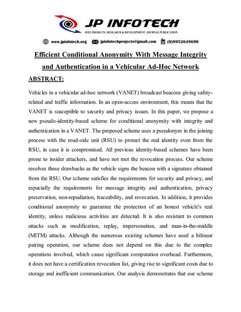 Efficient Conditional Anonymity With Messageintegrity And Authentication In A Vehicular Ad Hoc