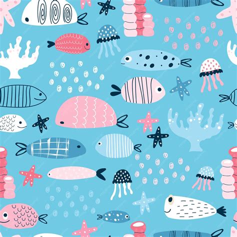 수중 세계 패턴 재미있는 물고기 산호와 해양 생물 원활한 끝없는 배경 옷 섬유 벽지 베이비 샤워 벡터 일러스트 레이 션에 대한 아기 인쇄 손으로 그린 프리미엄 벡터