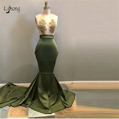 Sexy Olive Green Lace Mermaid Prom Dresses Deep V Neck Off Shoulder
