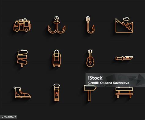 세트 라인 하이킹 부츠 손전등 Rv 캠핑 트레일러 도로 교통 표지판 벤치 여행 가방 나이프 및 기타 아이콘 벡터 가방에 대한 스톡 벡터 아트 및 기타 이미지 Istock