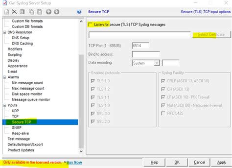 Unable To Click The Listen For Secure Tcp Syslog Messages Checkbox On