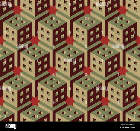 Vector Seamless Isometric Hexagonal Cube Structure Vintage Pattern In Red And Green Stock Vector