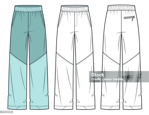 조깅 바지 패션 플랫 테크니컬 드로잉 템플릿 와이드 레그 팬츠 테크니컬 패션 일러스트레이션 신축성 있는 허리띠 포켓 전면 및 후면도 화이트 녹색 여성 남성 유니섹스 Cad