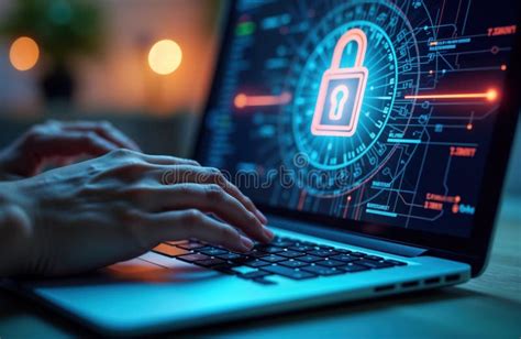 Person Types On Laptop Keyboard Holographic Lock Graphic Shows On Laptop Screen Cyber Security