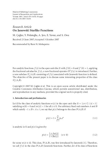 Pdf Research Article On Janowski Starlike Functions Mert Yavuz