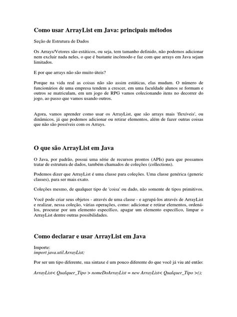 Como Usar Arraylist Em Java Pdf Estrutura De Dados De Matriz Java Linguagem De Programação