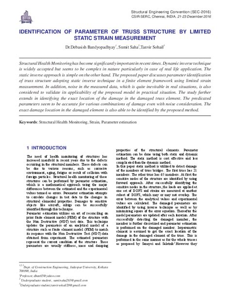 Pdf Identification Of Parameter Of Truss Structure By Limited Static Strain Measurement