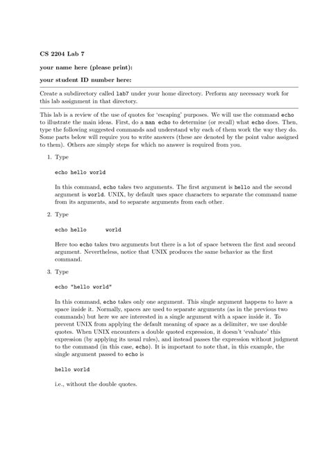 Echo Hello World Unix Laboratory 7 Cs 2204 Docsity