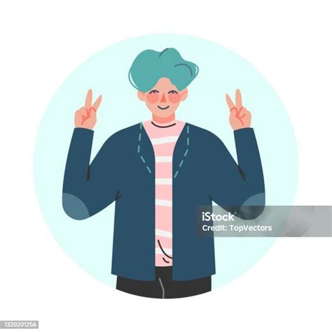 원형 프레임 벡터 일러스트에서 긍정적 인 손 짓을하는 젊은 미소 남자 긍정적인 감정 표현에 대한 스톡 벡터 아트 및 기타 이미지