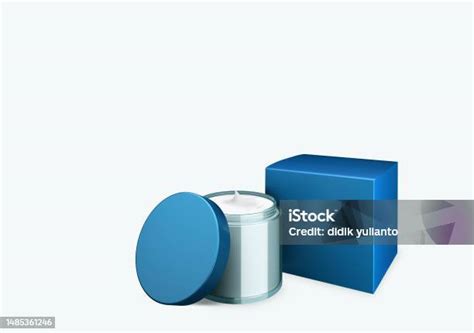 빈 푸른 하늘 화장품 항아리는 흰색 배경에 정면 시야각에 얼룩 크림이 있는 조롱 3d 그림 공란에 대한 스톡 사진 및 기타