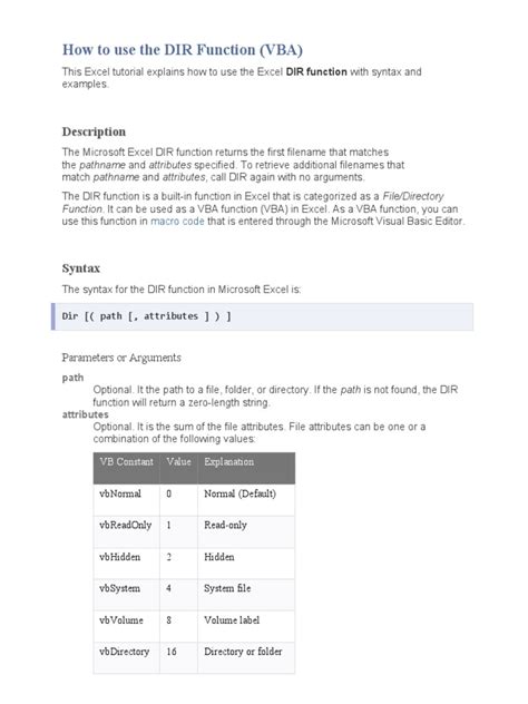 How To Use The Dir Function Pdf Microsoft Excel Computer File