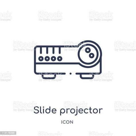 시네마 아웃 라인 컬렉션의 리니어 슬라이드 프로젝터 아이콘 얇은 라인 슬라이드 프로젝터 벡터 흰색 배경에 고립 슬라이드 프로젝터 트 렌 디 일러스트레이션 아이콘에 대한 스톡