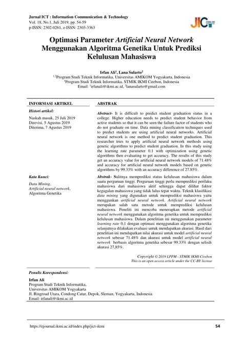 Pdf Optimasi Parameter Artificial Neural Network Menggunakan Algoritma Genetika Untuk Prediksi