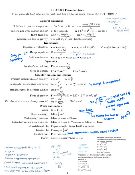 Annotated Formula Sheet Phys101 Formula Sheet Print Annotate Both