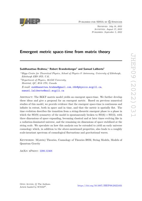 Pdf Emergent Metric Space Time From Matrix Theory